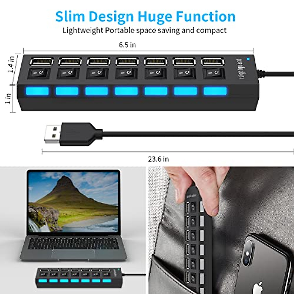 Multi Port USB Splitter, 7 in 1 USB Port 2.0 Hub with High Speed Individual ON/Off Switches and LEDs USB Port Expander (7-Port USB)