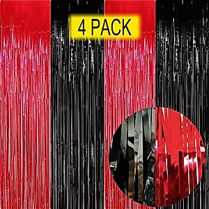 EUFARS Red and Black Party Decorations- 4 Pack of 3.2x8.2ft Foil Fringe Curtains for Graduation Party Decorations 2024 Casino Theme Party Decorations Red and Black Birthday Decorations