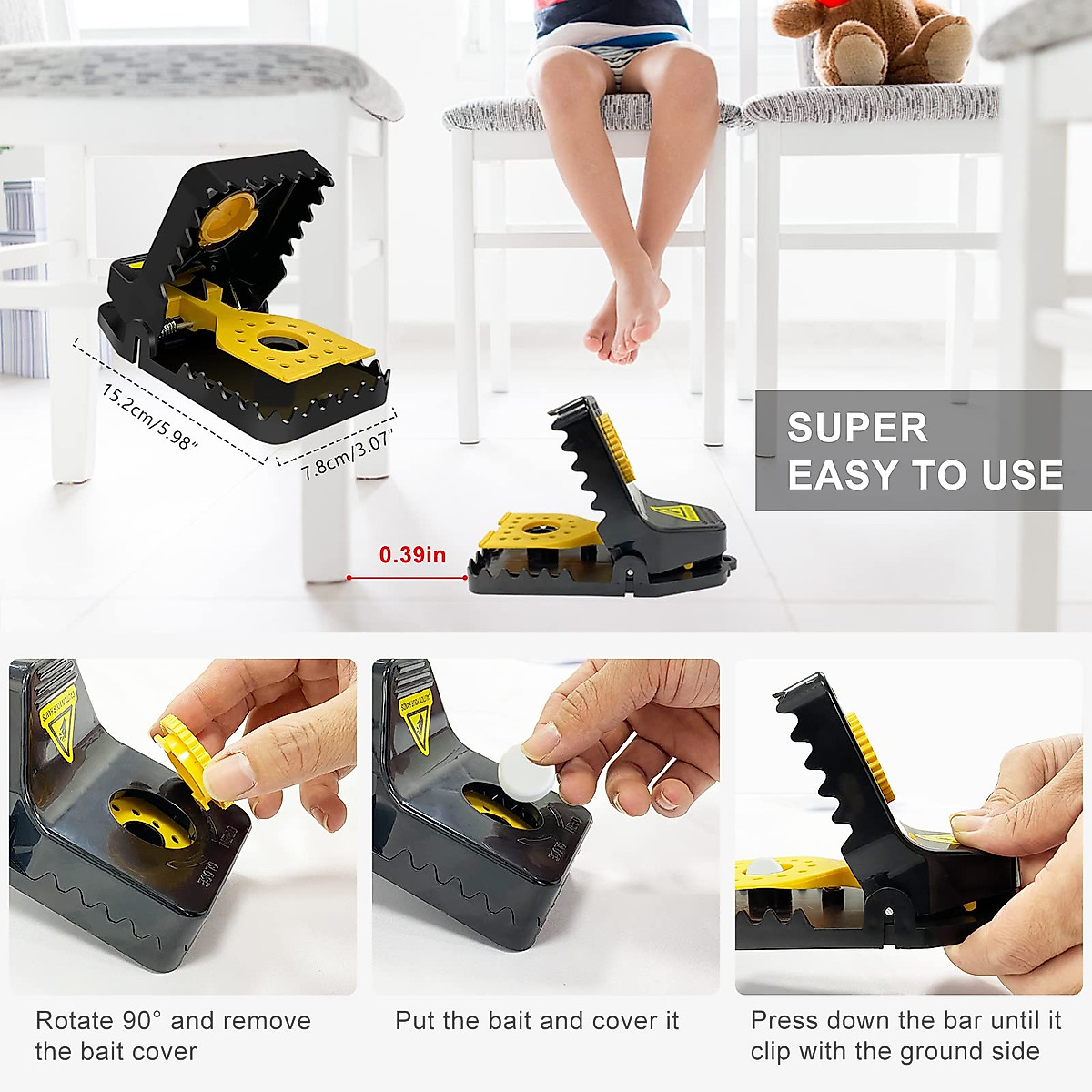 Mouse Traps, 4 Pack Rat Traps Home Indoor Powerful Steel Spring, Effective Mice Catcher for Rats, Chipmunks, Mice, Easy to Bait & Setup, Instant Kill Results,Reusable Large Rats Catcher