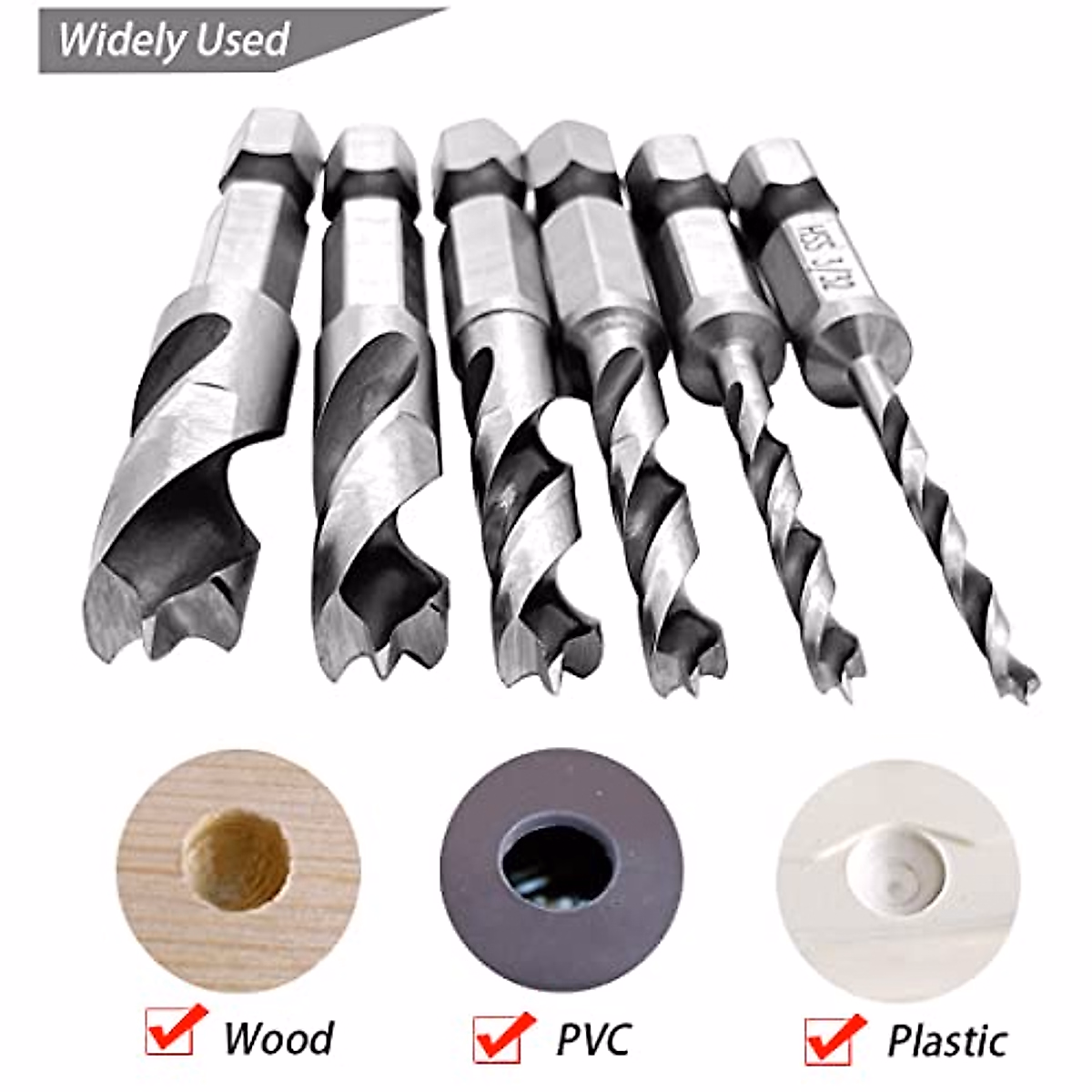 Saipe 6pcs 1/4" Quick Change Hex Shank Wood Brad Point Stubby Short Drill Bit Set HSS 4241 Woodworking Drill for Right Angle Drill and Used in Tight Spaces