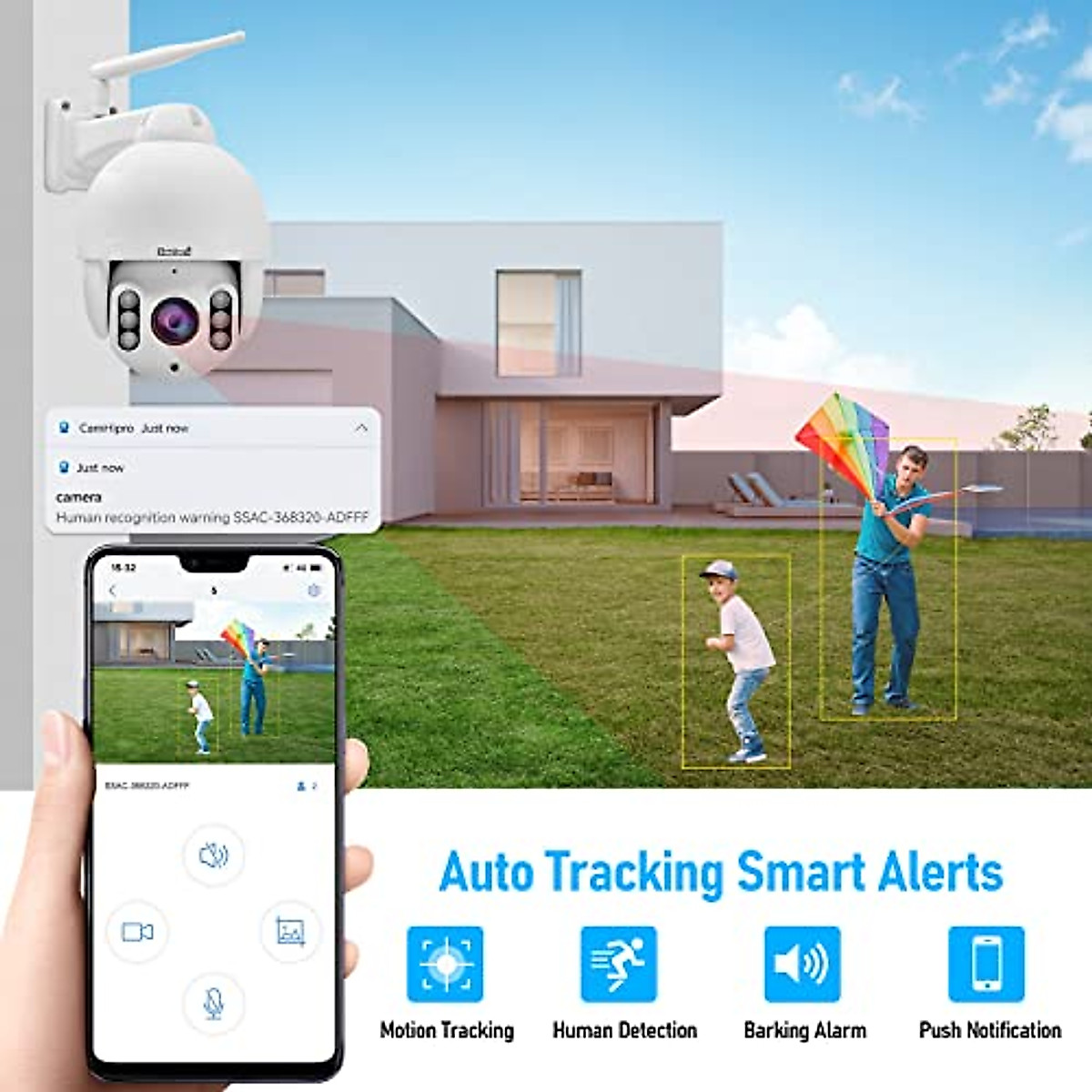 JideTech 5MP PTZ WiFi Camera Outdoor, 5X Optical Zoom IP Dome Camera, Auto Tracking Security Camera, 196ft IR Night Vision, Human/Motion Detection, Two Way Audio, IP66 Waterproof, SD Card Slot