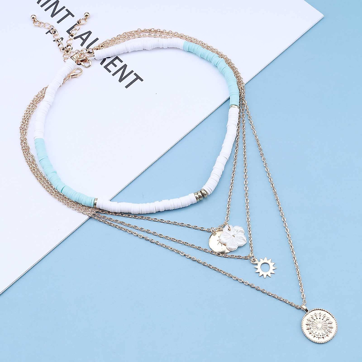 Yheakne Boho Layered Heishi Surfer Necklace Choker White Heishi Bead Choker Necklace Coin Disc Pendant Necklace Waterproof Sun Flower Necklace Chain Jewelry for Women and Girls