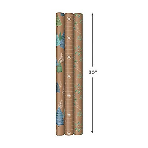 Hallmark Recyclable Holiday Wrapping Paper with Cut Lines on Reverse (3 Rolls: 90 sq. ft. ttl) Wintry Nature: Kraft Brown with White Snowflakes, Blue and Green Foliage, Christmas Trees