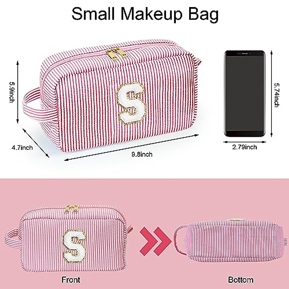YOOLIFE Large Pink Makeup Pouch - Personalized Cute Initial Makeup Bag Cosmetic Travel Bag Make Up Bags Toiletry Pouch Gift Women Her Birthday Friend Female Friendship Sister Mom Teacher Bridesmaid S
