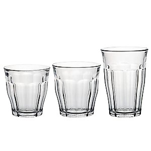 Duralex Made In France Picardie 18-Piece Glass Tumbler Drinking Set, Clear. Set includes; (6 Units) 8-3/8 oz Tumblers; (6 Units) 10-3/8 oz Tumblers; (6 Units) 12-1/8 Tumblers