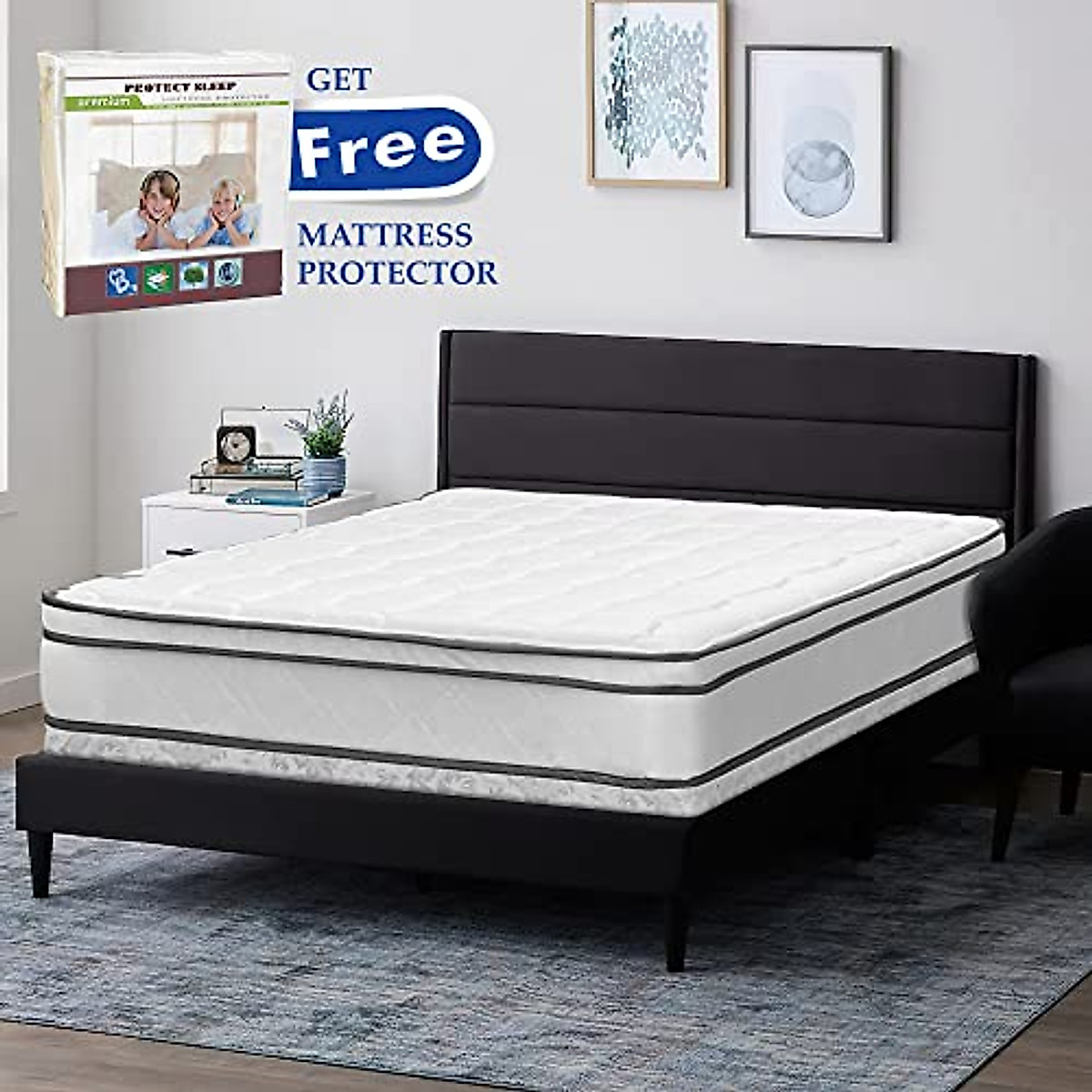 Mattress Comfort, 10-Inch Meduim Plush Eurotop Pillowtop Innerspring Mattress & 8" Wood Box Spring Set with Mattress Protector, Full