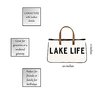 Santa Barbara Design Studio Tote Bag Hold Everything Collection Black and White 100% Cotton Canvas with Genuine Leather Handles, Large, Lake Life