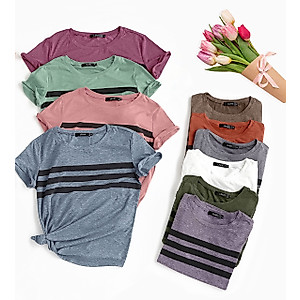 LEANI Women’s Short Sleeve T Shirts Crewneck Striped Color Block Tunic Tops Loose Casual Summer Tee Green L