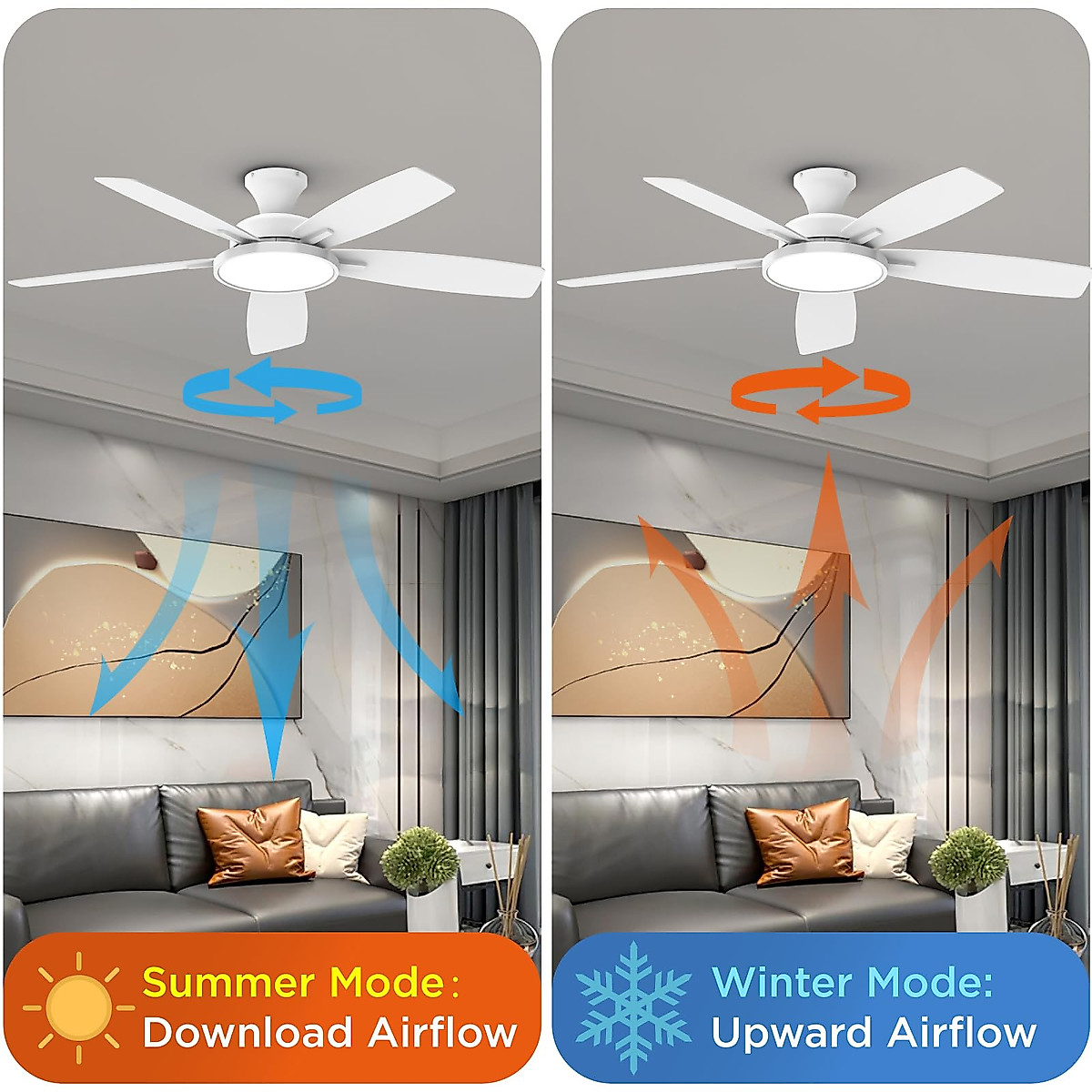 TALOYA 52 inch Ceiling Fans with Lights,Remote Control Multifunctional Quiet Fan with Three Color Temperature and Dimmable Light with Reversible Blades White