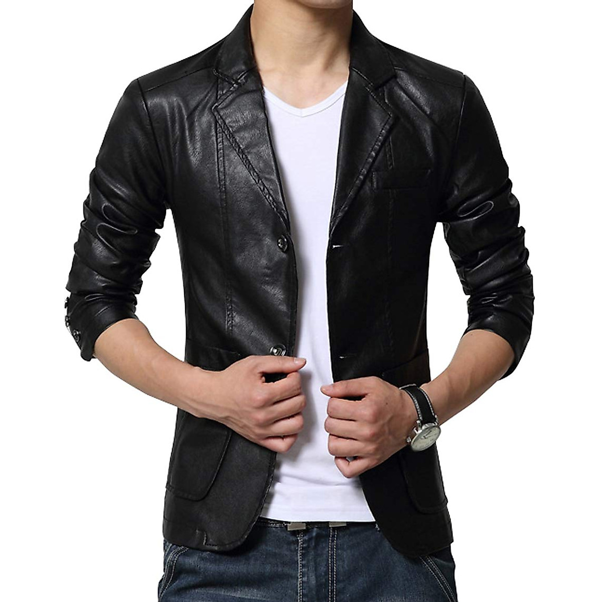 chouyatou Men's Stylish 2 Button Faux Leather Suit Blazer Jacket Sport Coat (Large, Black)