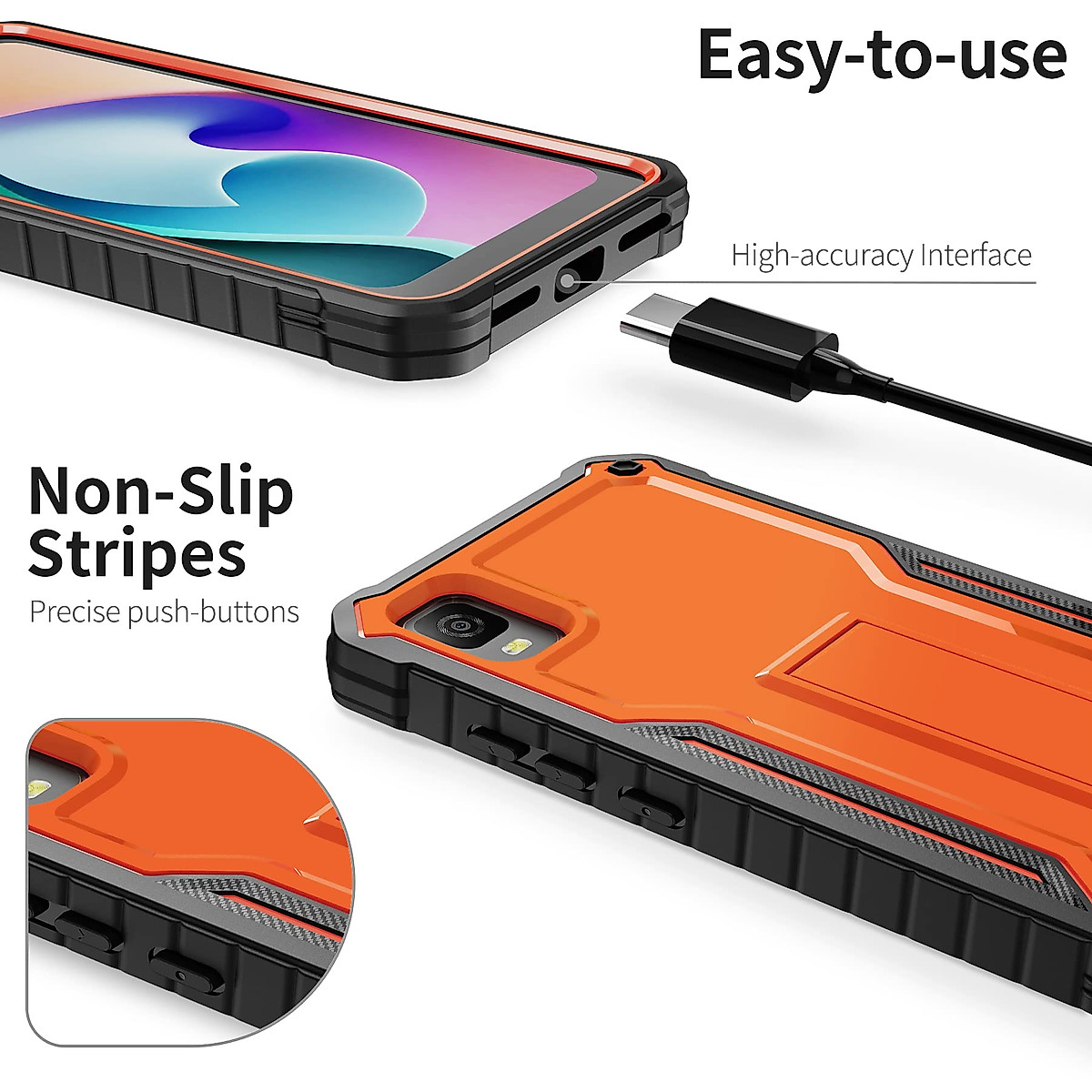 ExoGuard for TCL 30Z Case, TCL 30 LE Case, Rubber Shockproof Full-Body Cover Case Come with a Tempered Glass Screen Protector and Kickstand (Orange)