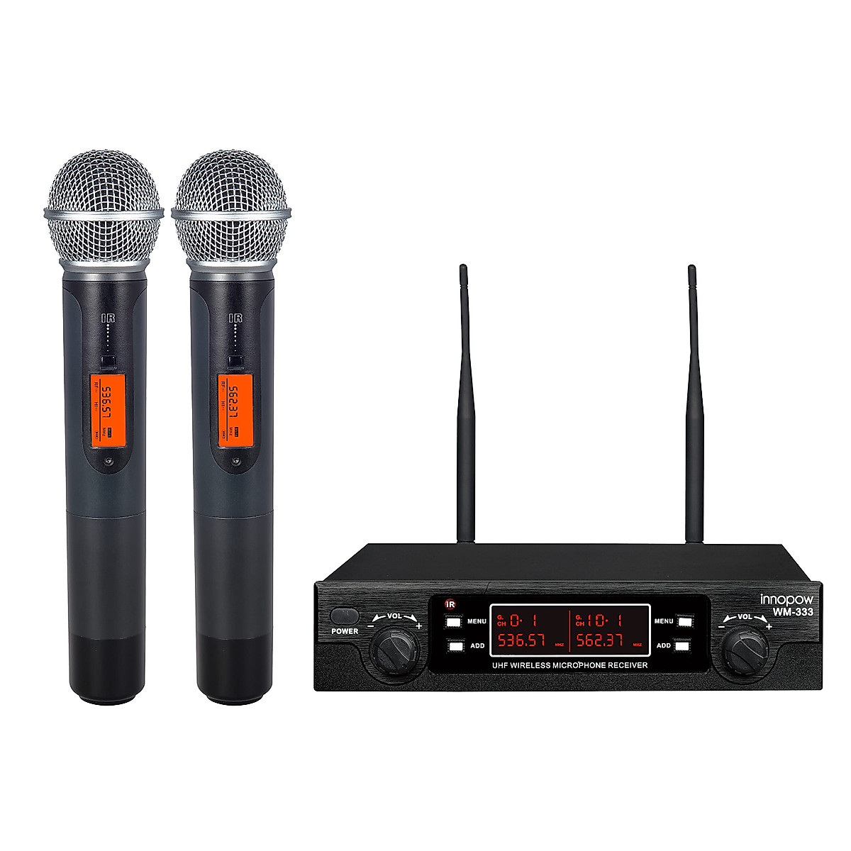 innopow 200-Channel Wireless Microphones System, Dual UHF Metal Cordless Mic Set, Auto Scan, Long Range 200-240Ft,16 Hours Use for Karaoke Singing, Church, 2022 Version(WM333)