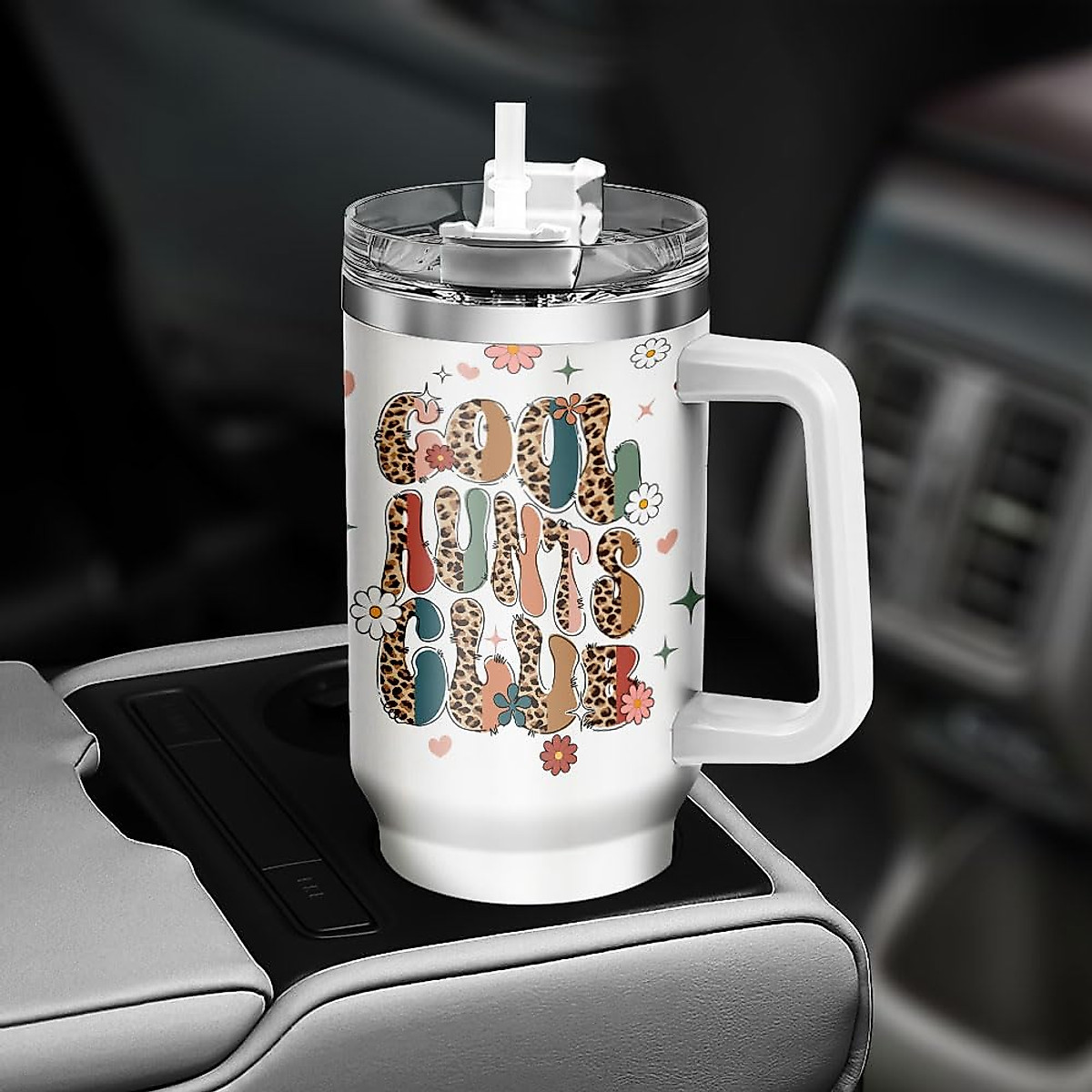 99OWL Cool Aunts Retro Leopard Nutrition Facts, Gift Daisy Black Handle Cups Print Heart Auntie Coffee For, Tumbler 40 Oz With Handle Lid And Straw, Aunt Gifts