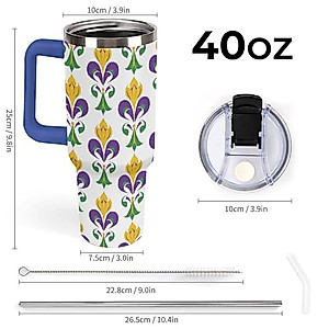 Mardies Grass De Lis 40 Oz Tumbler Insulated Stainless Steel Water Bottle Travel Mug Car Cup with Handle And Straw