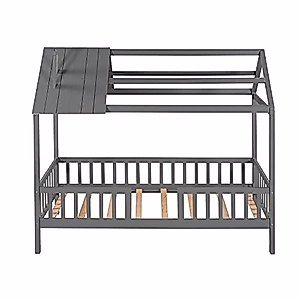 LostCat Kids House Bed,Twin Size Bed House Wood Montessori House Bed Frame with Fence and Rails, House Bed Kids Montessori Beds Playhouse Tent Bed, Wood Platform Bed Frame for s, White+Grey