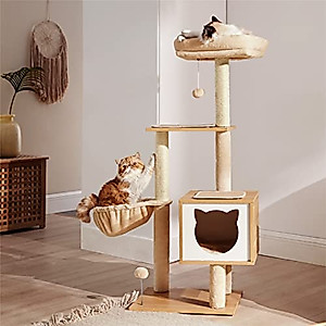 Lesure Modern Cat Tree for Large Cats - Tall Cat Climbing Tower for Indoor Cats with Wood Cat Condo, Hammock and Scratching Post, 50 Inches, Beige