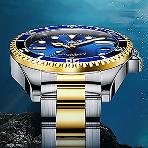 OLEVS Gold Stainless Steel Watch for Men Under 100, Blue,Waterproof, Big Face Dress Watches Men Date,Relojes De Hombre,Luminous Man Wristwatches, Male Diver Watch