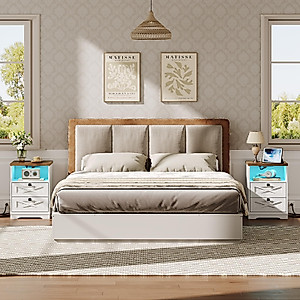 HOOBRO Nightstand with Wireless Charging Station and LED Lights, Farmhouse End Table with 2 Drawers and Open Shelf, Smart LED Side Table with Wireless and USB for Bedroom, Antique White WH140UDBZ01