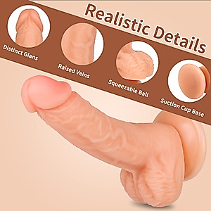 Realistic Dildos, XINBALE 7.3 Inch Dildo with Suction Cup for Hands-Free, Flexible Cock with Curved Shaft and Balls for Vaginal G-spot and Anal Play, Adult Sex Toy for Male & Female, Couples