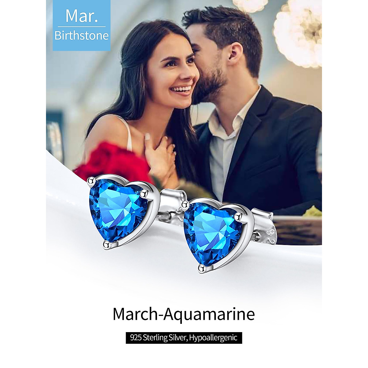 ChicSilver Earrings 925 Sterling Silver Heart Earrings, Crystal March Birthstone Aquamarine Earrings, Gem Stone Light Blue Earrings for Women Sensitive Ears