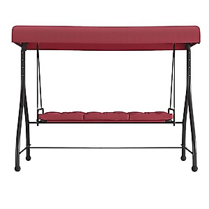 Flash Furniture Tellis 3-Seat Outdoor Steel Converting Patio Swing Canopy Hammock with Cushions / Outdoor Swing Bed (Maroon)