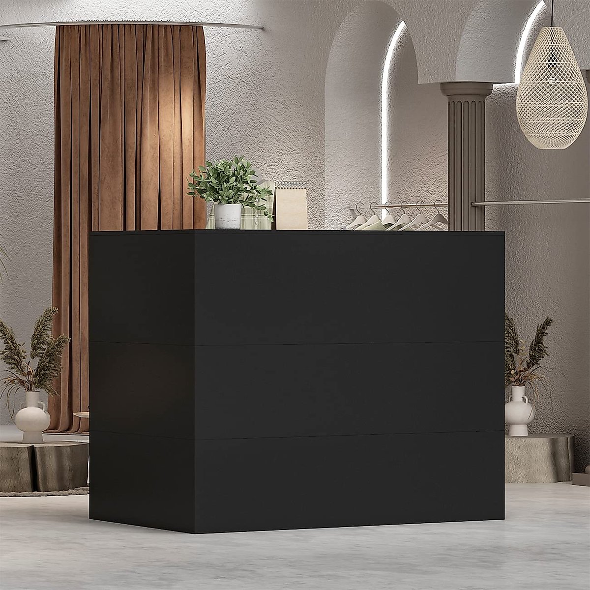 AGOTENI Reception Desk Reception Stations with Open Shelf & Drawers, L Shape Reception Table Wooden Computer Desk for Office Reception Room, Black