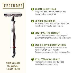 VIKINGS BLADE Double Edge Safety Razor for Men + 5 Swedish Steel Blades + Luxury Case. Classic 3-Piece. Reusable, Eco-Friendly (The Godfather)