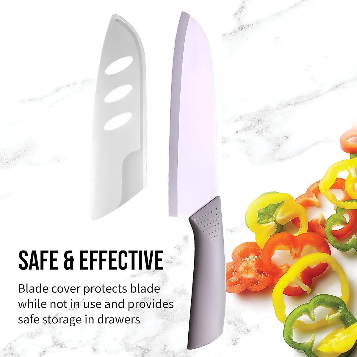 Beolee.Dan Ceramic Santoku Knife 7 Inch - High-Precision Ceramic Blade for Meats, Fruits, and Vegetables - Durable Ceramic Blade with Protective Sheath - Ceramic Knives (Sky Grey)