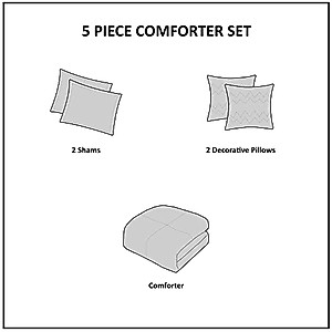 Madison Park Essentials Kasey Cozy Comforter Set - Fretwork Design, All Season Bedding with Matching Shams, Decorative Pillow, Queen (90in x 90 in), Diamond Grey Comforter 5 Piece