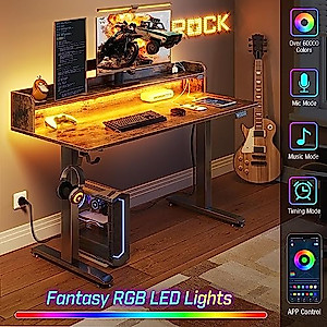 Rolanstar Standing Desk with LED Lights & Charging Station, 47.2" Height Adjustable Desk with Monitor Stand, Electric Gaming Desk with 2 Headphone Hooks, Sit Stand Home Office Desk, Rustic Brown