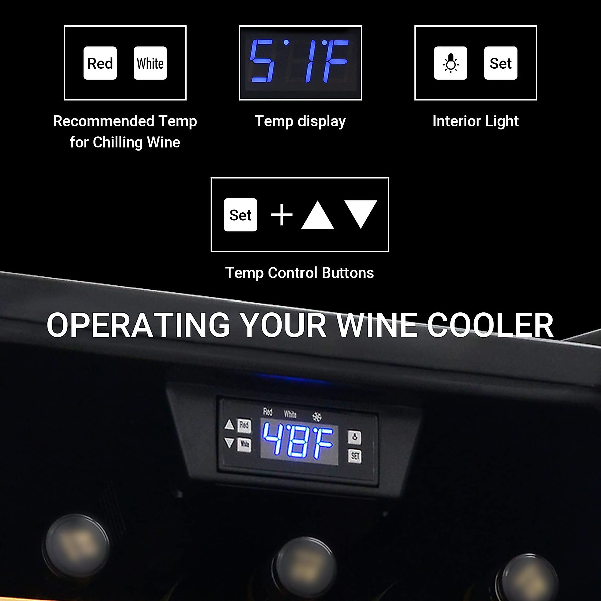 Smad 15 inch Wine Cooler Under Counter, 31 Bottle Built in Wine Fridge with Wood Shelf, Double Reversible Glass Door, Digital Temperature Control, Super Quiet, Stainless Steel, Black