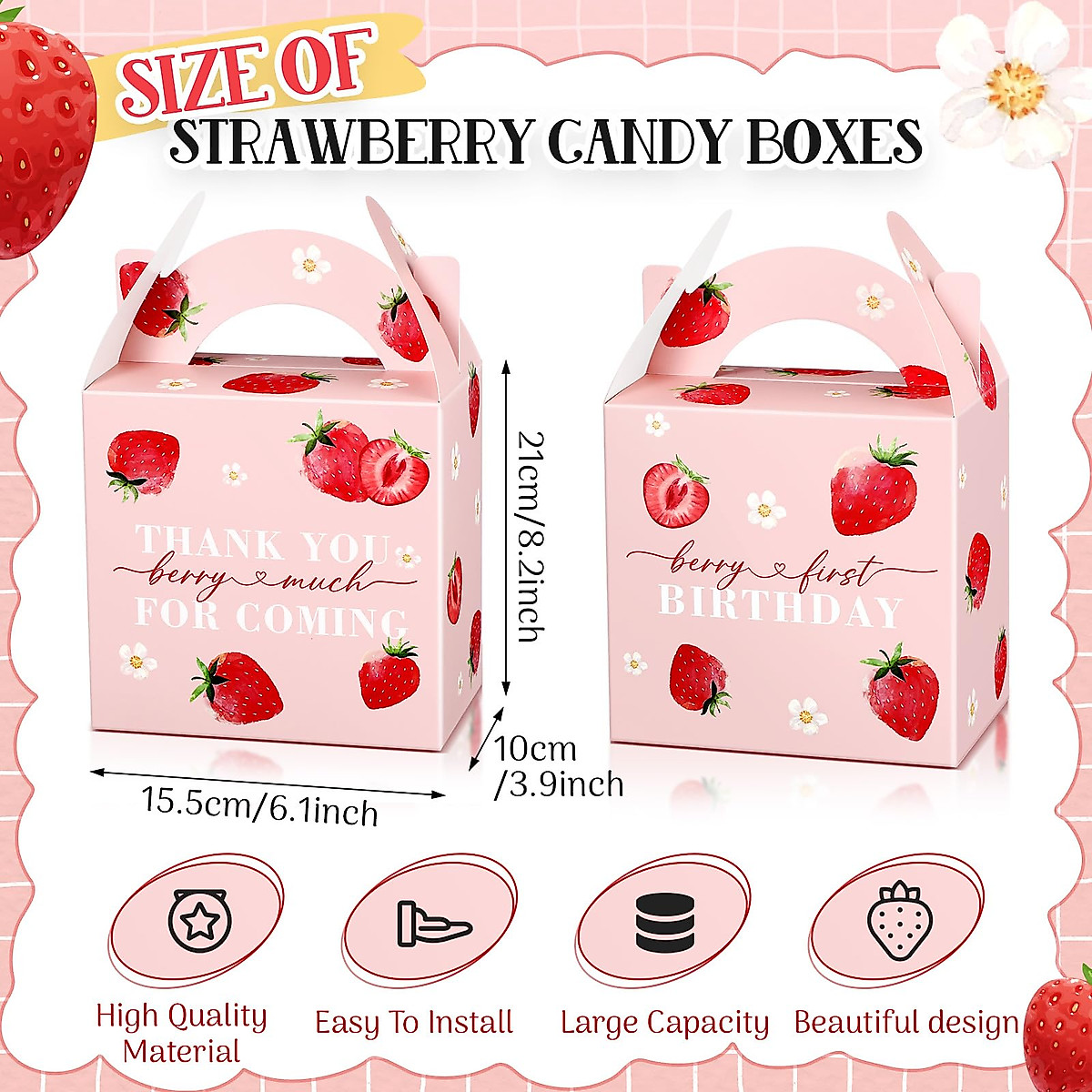 Sinload 24 Pack Strawberry Birthday Party Favor Sweet Strawberry Treat Box 6.1 x 3.9 x 8.3 in Fruit Gift Candy Box Strawberry Theme Goodie Present Box for Sweet One Birthday Baby Shower Decor Supplies