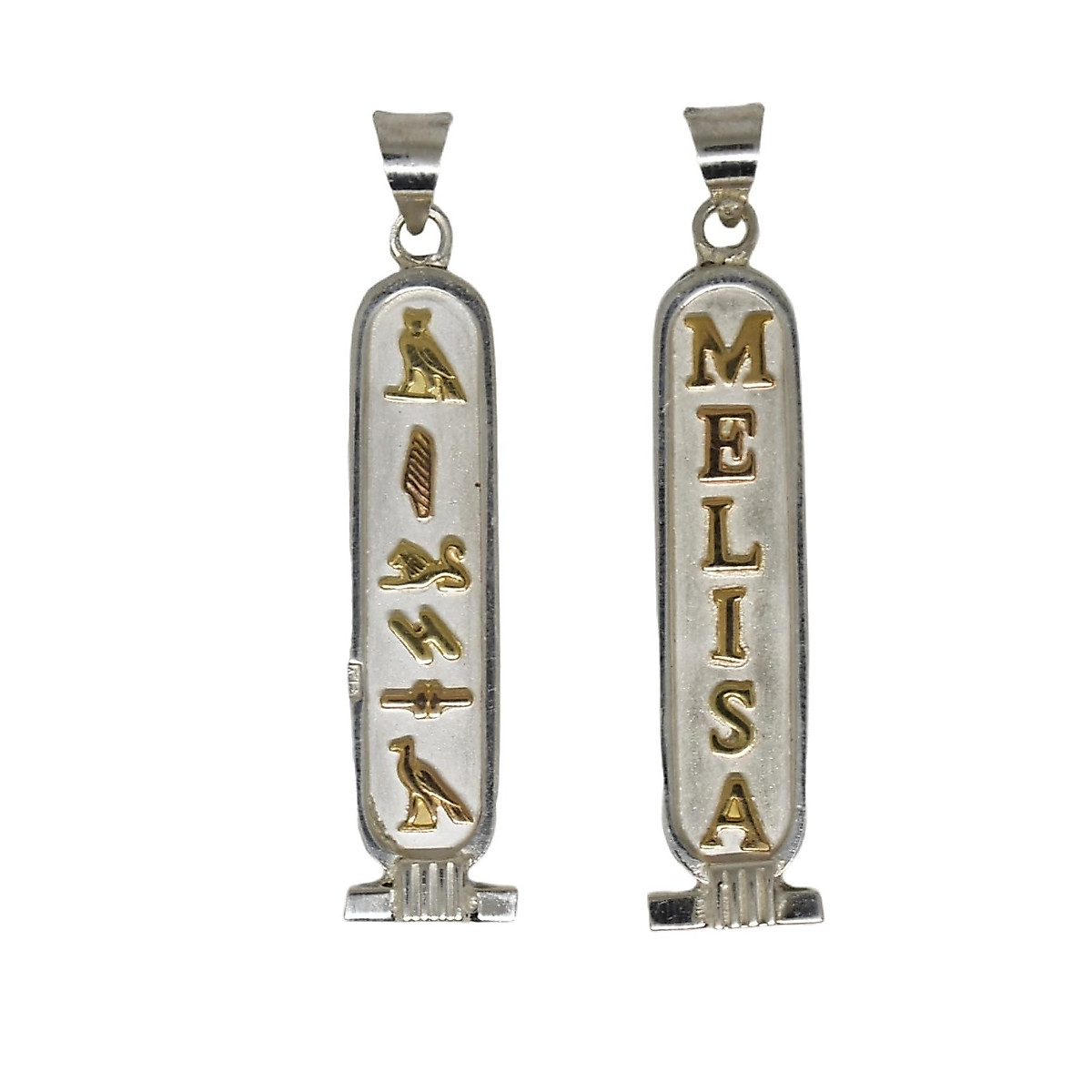 FAMA.store Customize Personalized pendant Egyptian Cartouche Necklace Sterling Silver and 18k gold symbols one Side Translate into Hieroglyphs Handmade in Egypt (1.75 inch (4-5 Letters))