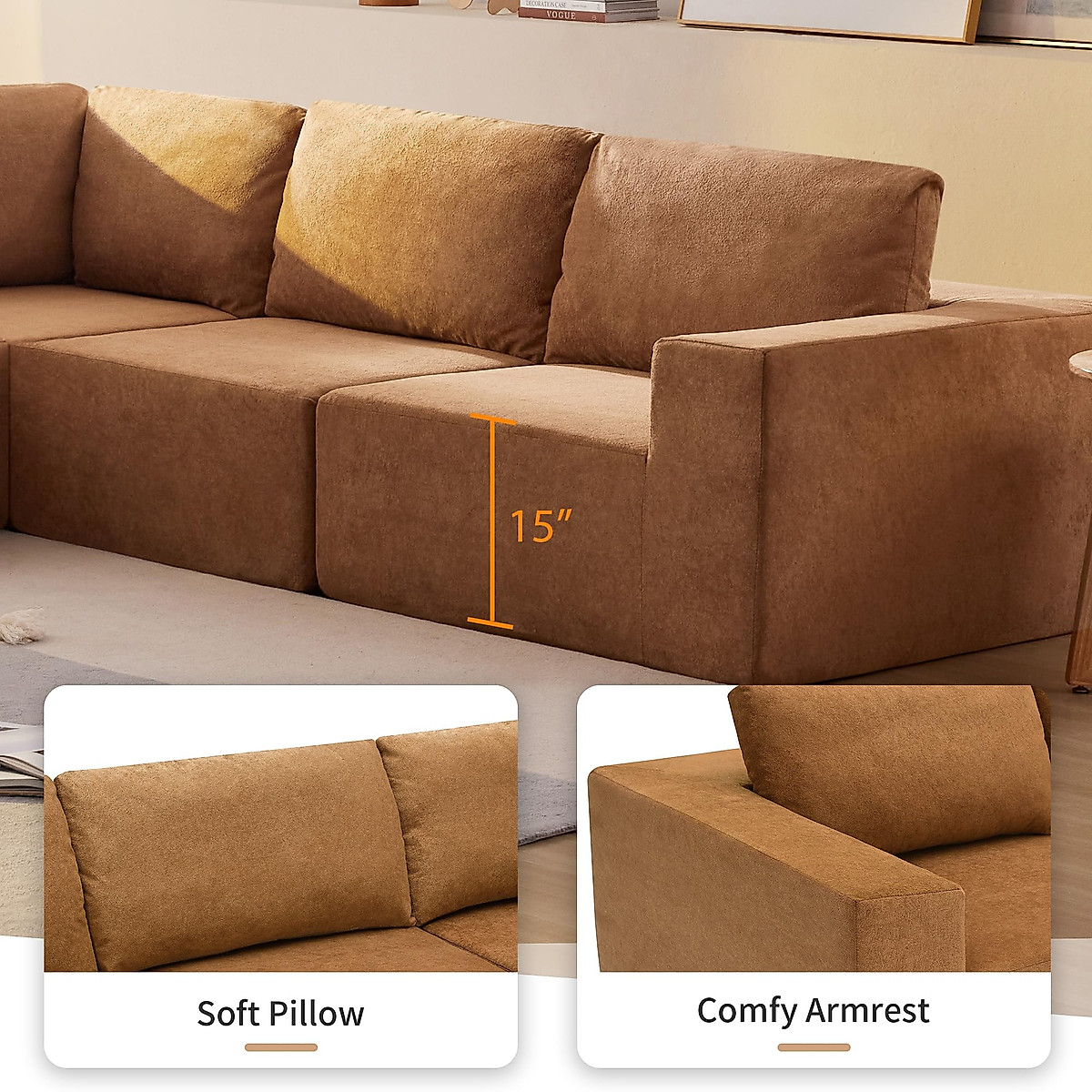 Favfurish Modular L Shaped Sectional Sofa,Sleeper Couch Set,Upholstered Reversible Sofa-Bed,5 PC Free Combination,for Living Room Bedroom Apartment,Brown
