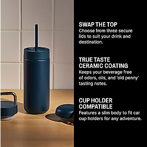 Fellow 16 oz Carter Bundle (3 in 1) Travel Mug with Carry Handle, Move & Cold Lids with Straw - To-Go Coffee Tumbler, Ceramic Interior & Vacuum-Insulated Stainless Steel - Coffee Cups-Stone Blue