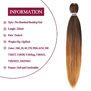 Pre Stretched Braiding Hair 22 Inch 6 Packs Professional Soft Yaki braiding Hair For Braids Hot Water Setting Synthetic Crochet Hair Extensions (22 Inch (Pack of 6), T1B/30/27)