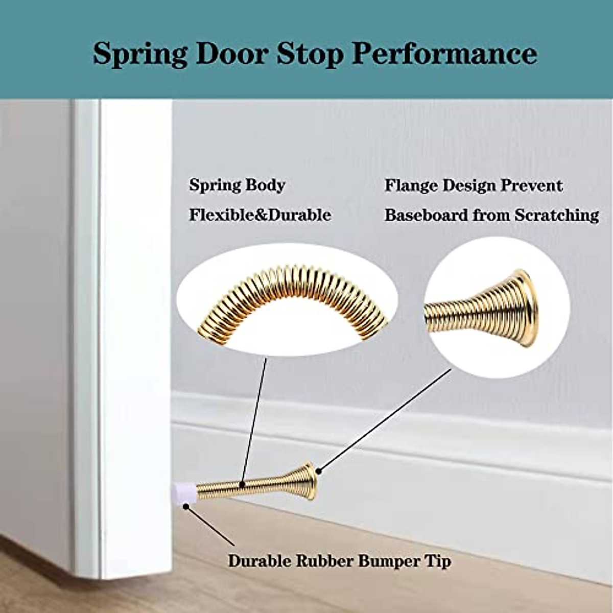 GLOBIZ 15 Pack Spring Door Stops Bright Brass 3-1/3”Heavy Duty Door Stops with Flexible Rustproof Spring Steel Wire and Durable Rubber Bumper Tips Noise Absorption Protect Door and Knob