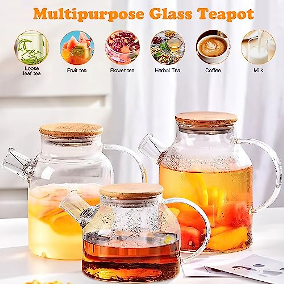 Glass Teapot Stovetop Microwave Safe, 50oz/1500ml Glass Tea Kettle with Bamboo Lid and Removable Filter Spout, Heatproof Borosilicate Glass Teapot for Loose Leaf, Blooming Tea and Fruit Tea…
