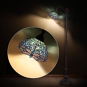 MOOVIEW Tiffany Floor Lamp Dragonfly Stained Glass Floor Reading Bedroom Living Room Arched Lamp 61’’ Tall Wide Lampshade 1 PCS LED Bulb(2700k E26) Included,Sea Blue,Gifts