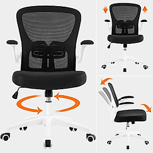 Yaheetech Ergonomic Office Chair, Swivel Task Chair with Adjustable Lumbar Support, Mid Back Mesh Computer Chair with Flip-up Armrests Padded Task Chairs, Executive Chair for Home Office White