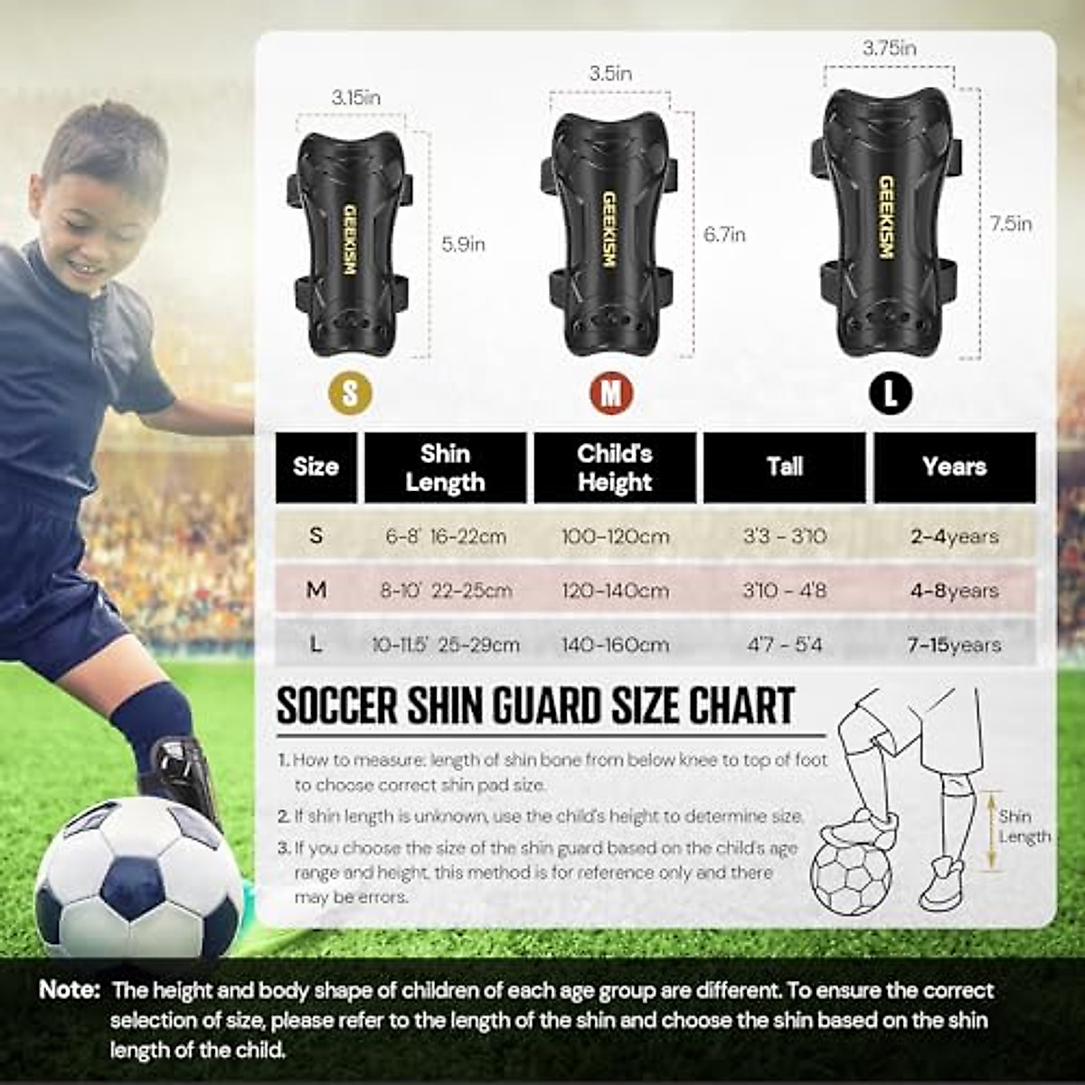 Geekism Soccer Shin Guards for Youth Kids Toddler, Protective Soccer Shin Pads & Socks Equipment - Football Gear for 3 5 4-6 7-9 10-12 Years Old Children Teens Boys Girls (Black, Small)