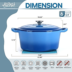 Herogo 6 Quart Enameled Cast Iron Dutch Oven with Lid and Silicone Trivet Mat, Round Dutch Oven Pot Blue with Dual Handles for Bread Baking Stewing Roasting Various Stoves & Oven Safe