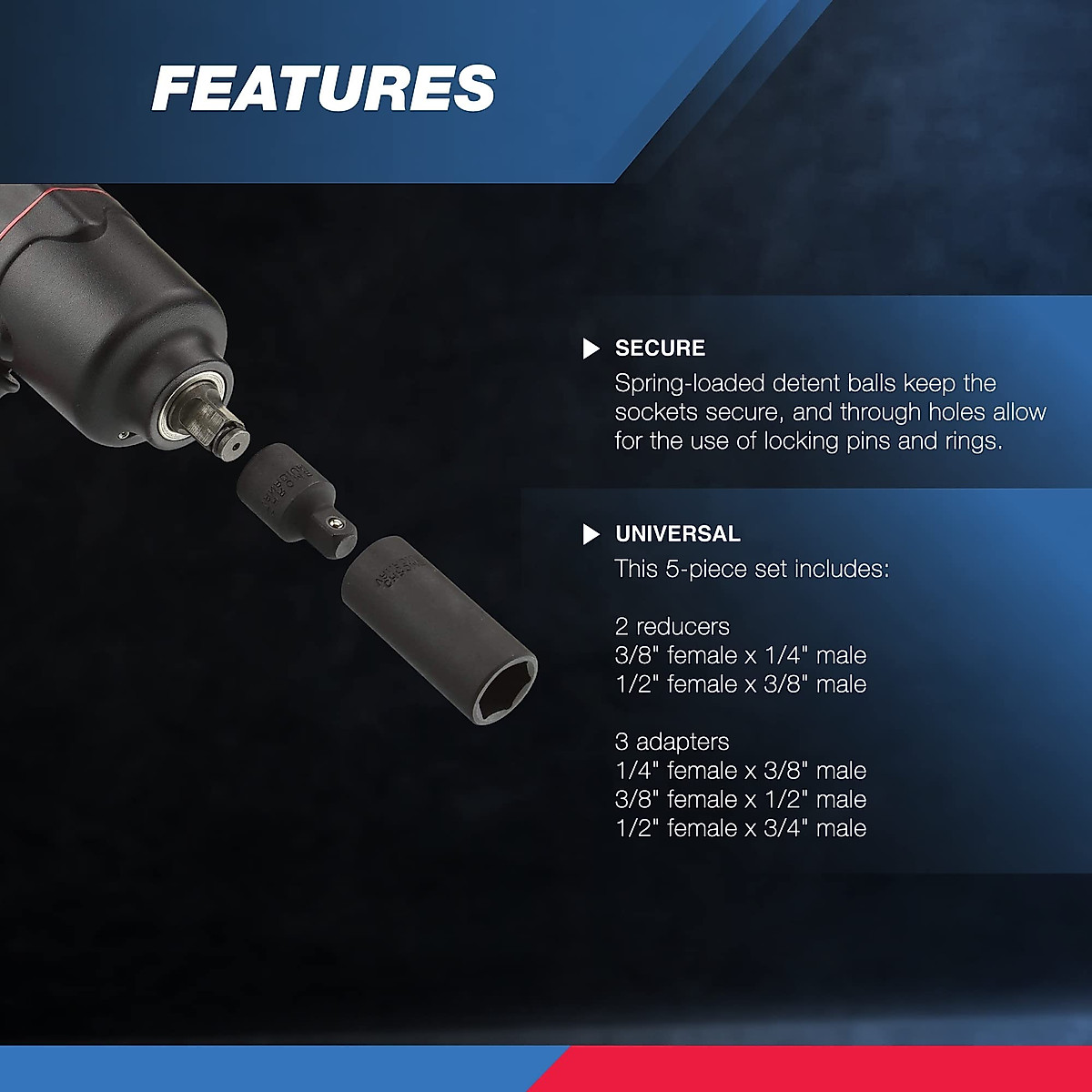 NEIKO 30249A 5 Piece Impact Socket Adapter Set, Standard SAE , 1/4, 3/8, 1/2" Cr-V Steel Impact Driver & Wrench Conversion Kit Socket Reducer, Locking Socket Adapter Set