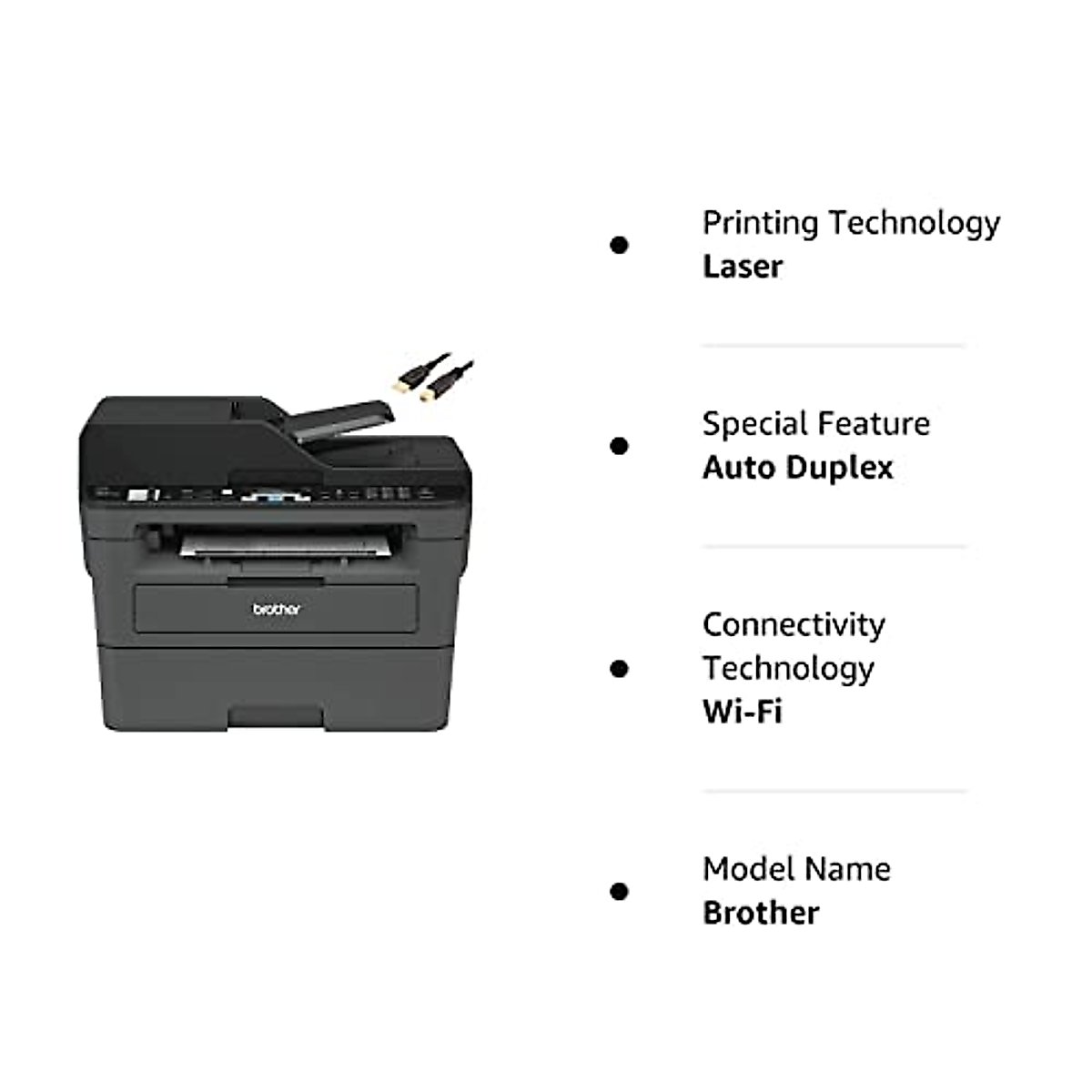 Brother MFC L26 Series All-in-One Laser Printer, Print, Copy, Scan, Fax - 26 ppm, 2400 x 600 dpi, 250 Sheets, Wireless, Mobile Printing, Auto 2-Sided Printing, with MTC Printer Cable