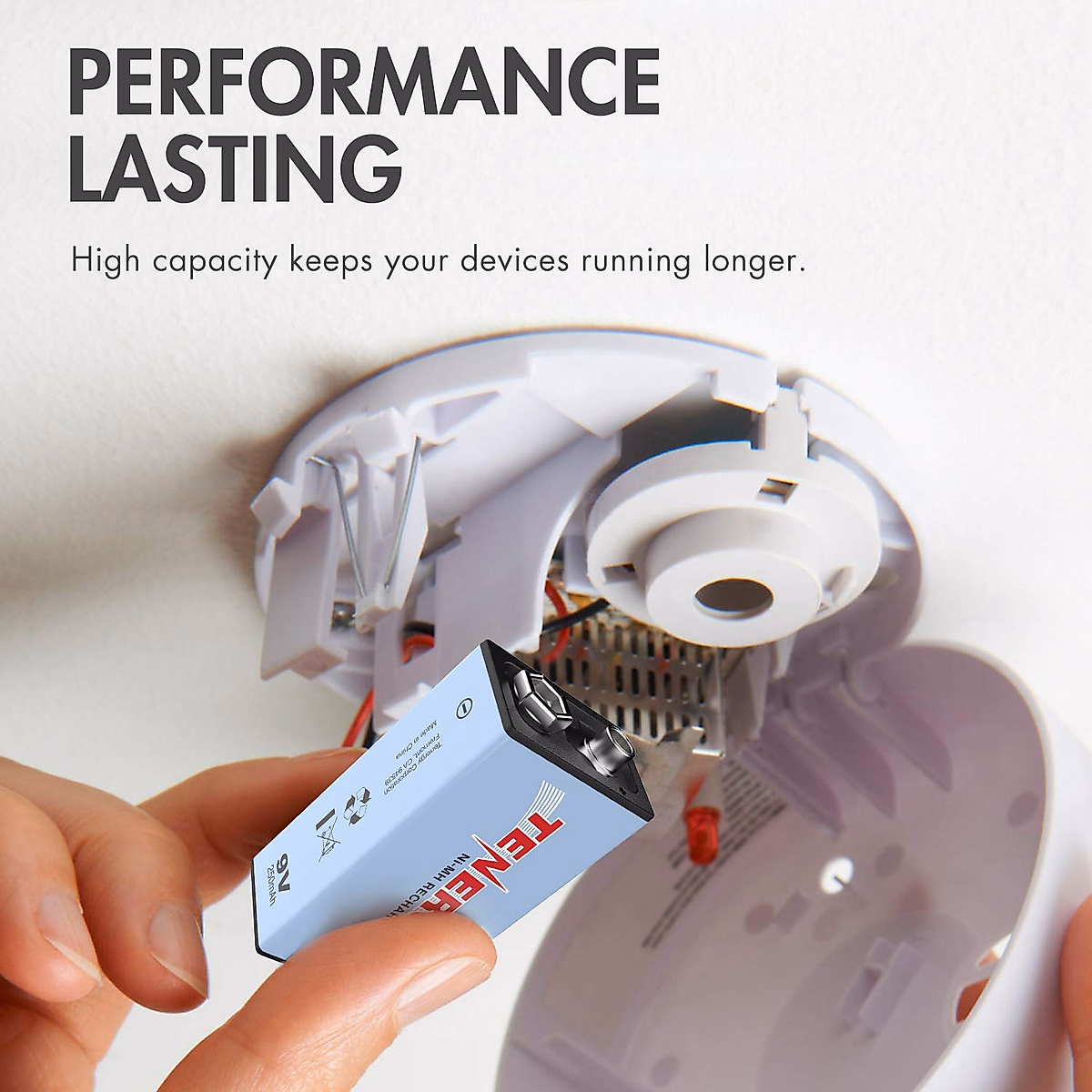 Tenergy 9V Battery Rechargeable 250mAh 4 Pack NiMH Square Battery with 2 Bay 9V Battery Charger for Smoke Alarm/Detector