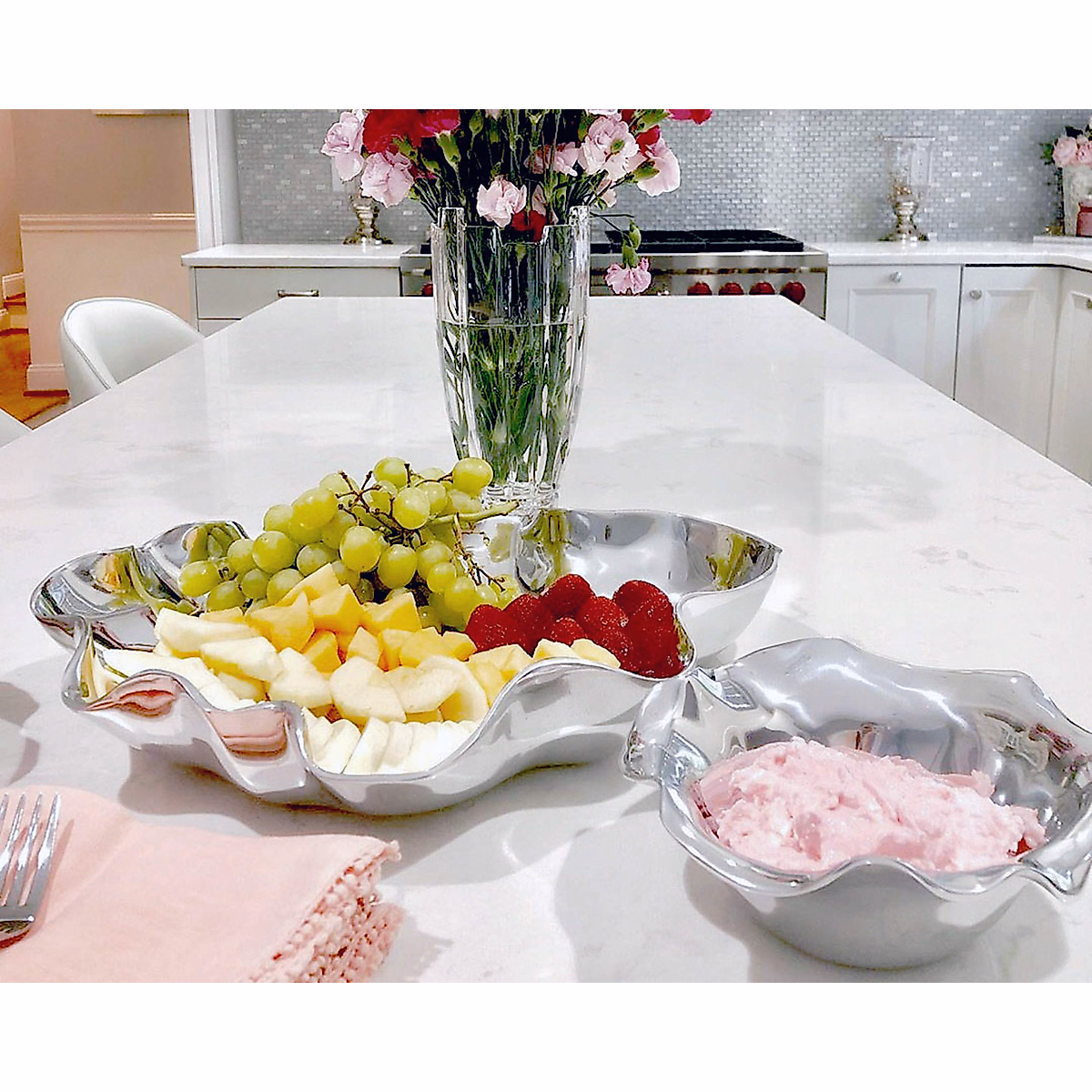 Arthur Court Metal Modern Two Piece Chip and Dip Platter and Dip Bowl in Carmel Pattern Sand Casted in Aluminum with Artisan Quality Hand Polished Designer Tarnish-Free 15 inch x 14 inch