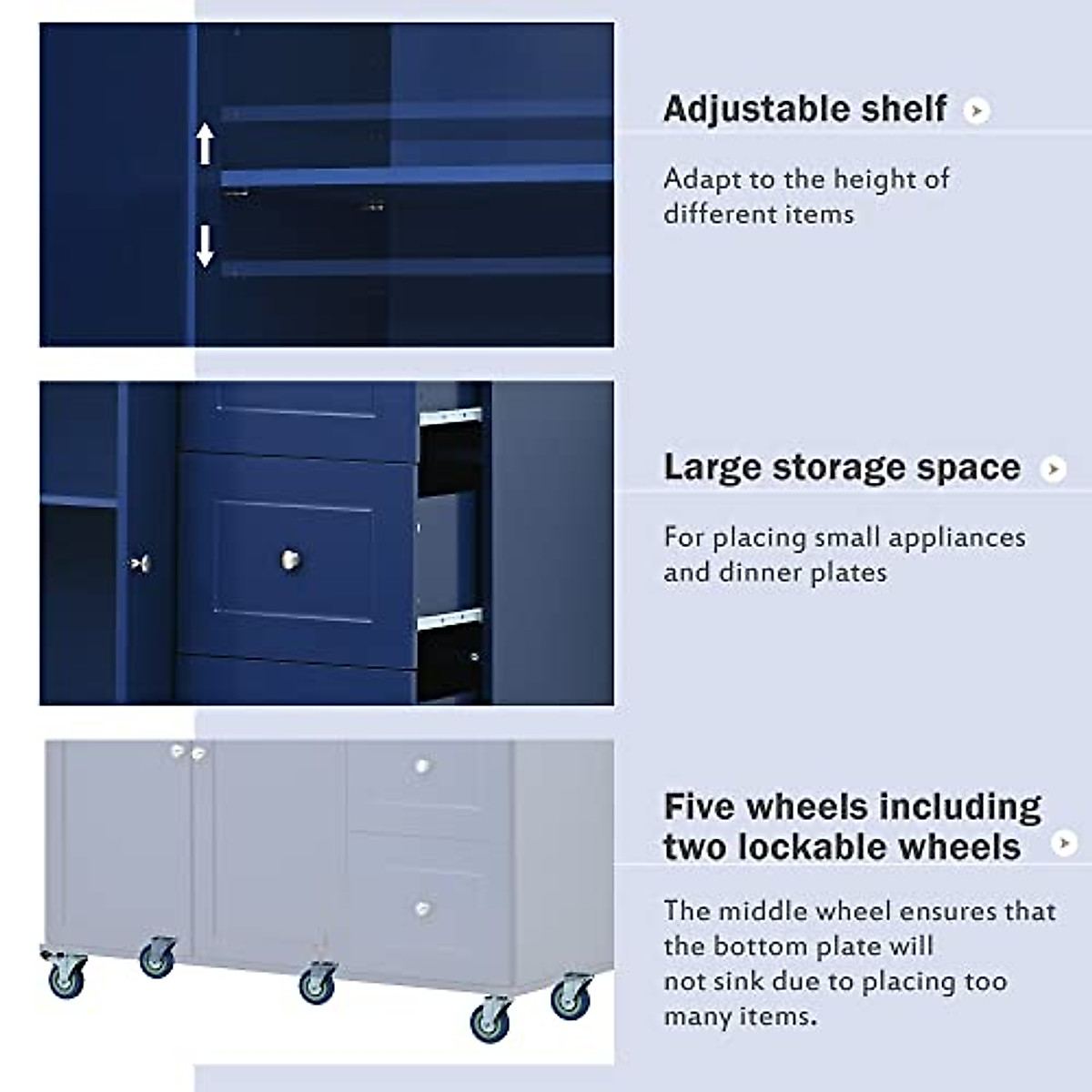 FEELLE Rolling Mobile Kitchen Island with Drop Leaf - Solid Wood Top, Locking Wheels & Storage Cabinet 52.7 Inch Width（Dark Blue）
