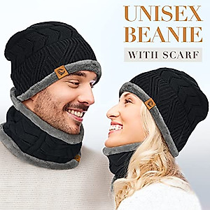 Beanie Hats for Men Women - Neck Warmer Winter Hat Scarf Set Gifts for Man Woman, Dual Layered Fleece Lined Winter Cap, Chunky Toboggan Knit Hat, Thick Soft Stretchy Skull Cap Black Stocking Stuffer