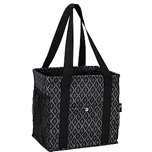 Pursetti Small Utility Tote Bag for Women with 4 Exterior Pockets - Perfect as Lunch Tote, Reusable Grocery Bags, Shopping Bags, Work Bag, Teacher Bag, and Nurse Bag (Black Trellis)