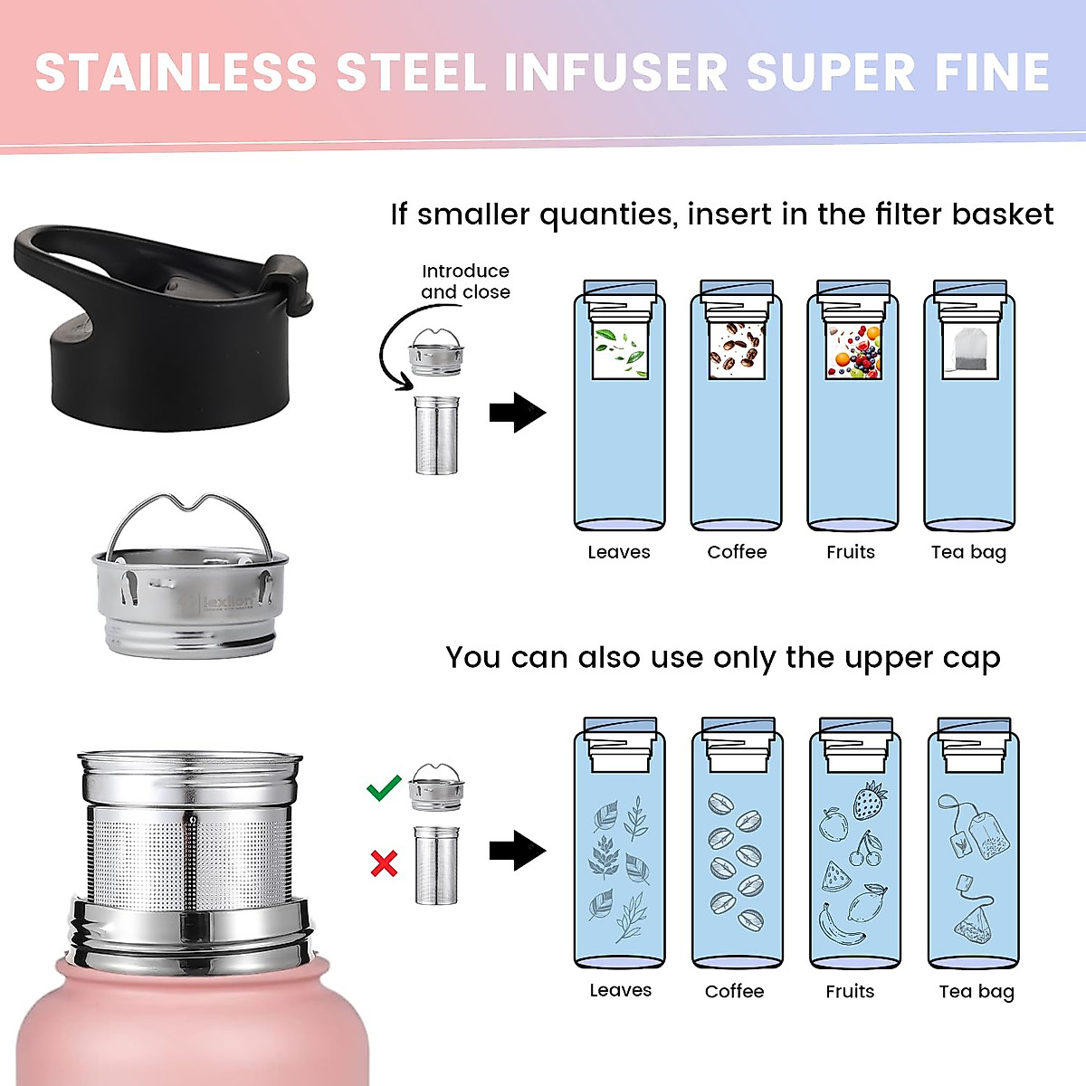 Lexlion Tea Infuser Bottle - Fruit Infuser Water Bottle 32 Oz, Triple Walled Insulated Stainless Steel Bottle, Thermal Leaf Infuser, Silicone Sleeve, 3 Lids Leakproof, Metal Mug Gallon